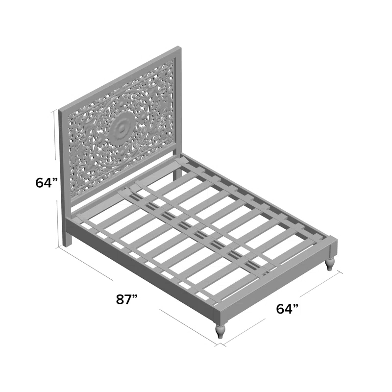 Transitional Heirloom Mango Wood Queen Platform Bed with Carved Headboard
