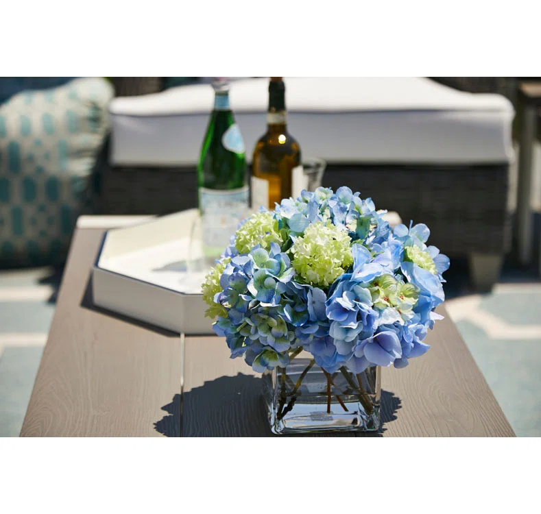 BLOOMS Blue Hydrangeas and Snowballs in Glass Cube Vase